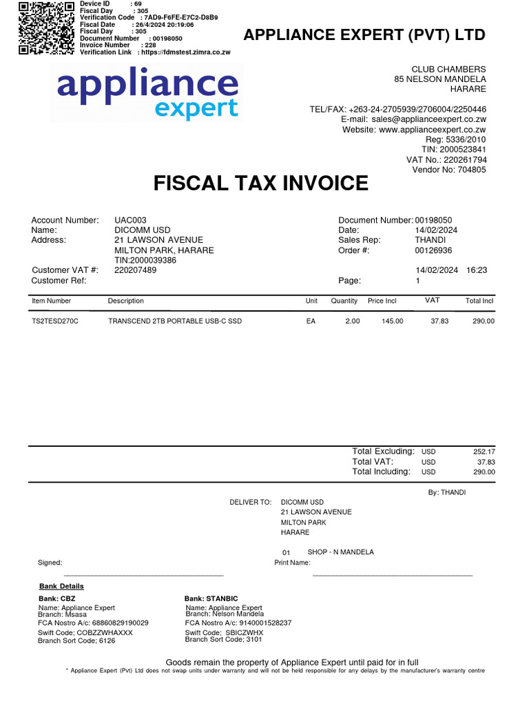Fiscal Tax Invoice for Appliance Expert | PDF | Value Added Tax | Invoice