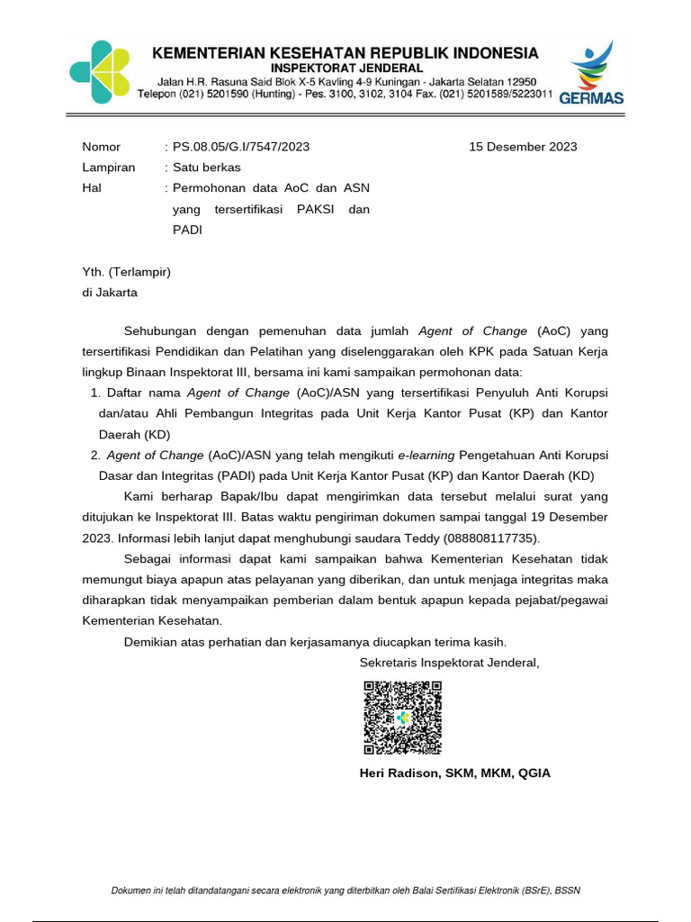 Permohonan Data AoC Dan ASN Yang Tersertifikasi PAKSI Dan PADI | PDF