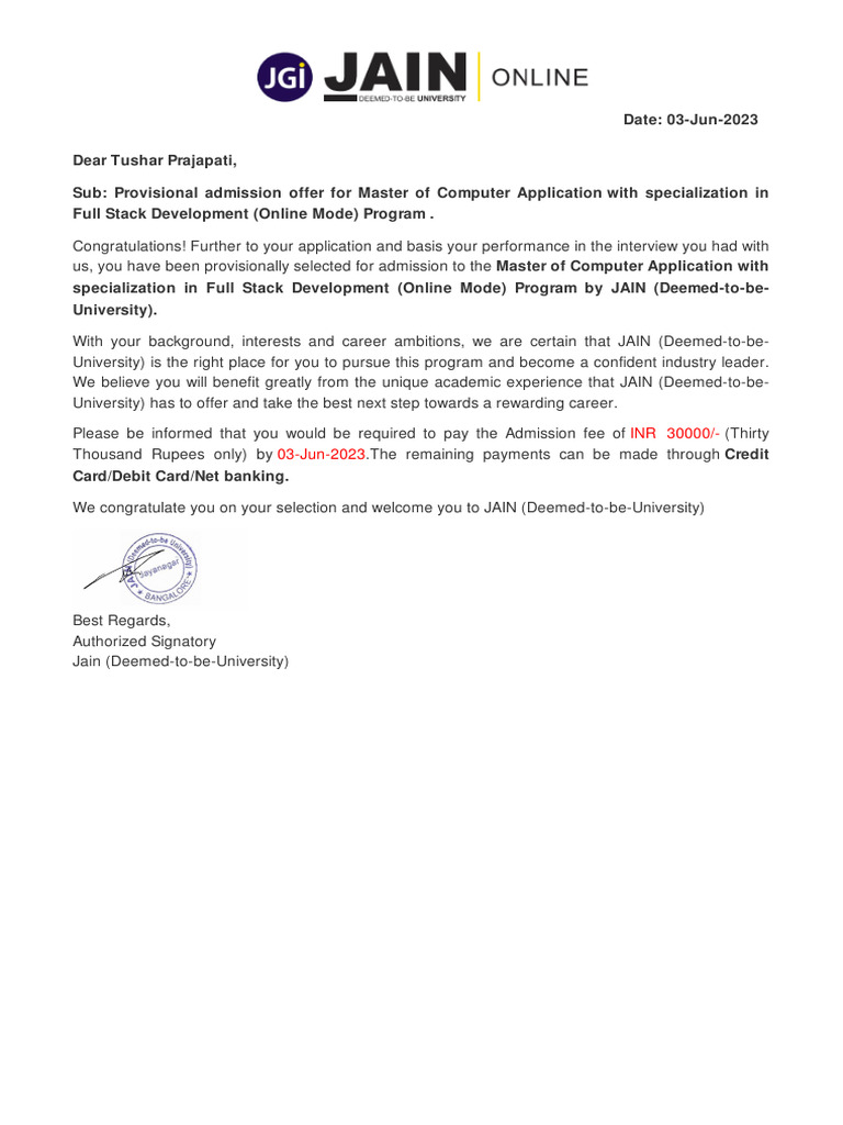 Tushar Prajapati - Offer Letter - MCA-Unified | PDF | Credit Card | Fee Tushar Prajapati - Offer Letter - MCA-Unified | PDF | Credit Card | Fee