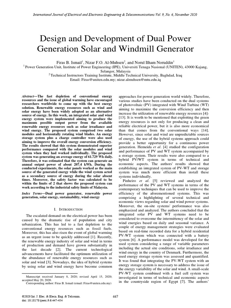 Design and Development of Dual Power Gen | PDF | Photovoltaics | Wind Power