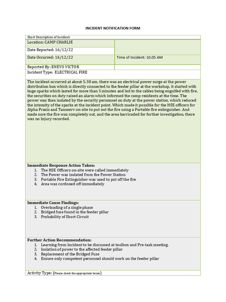 Incident Notification Report Camp Charlie | PDF | Fuse (Electrical ...