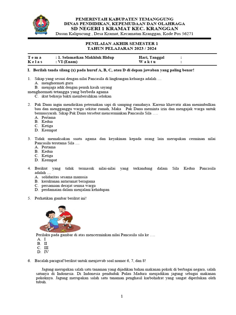 SOAL PAS 1 KELAS VI Tema 1 22-23 Fix | PDF