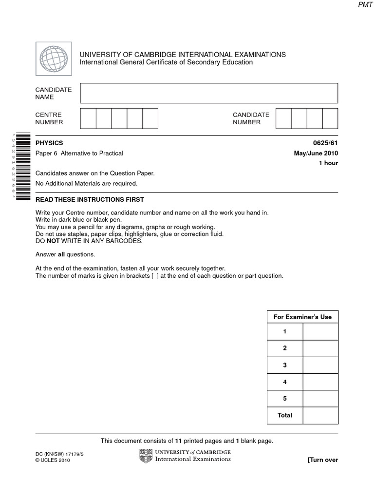 IGCSE Physics Paper 6 Past Exam 2010 | PDF