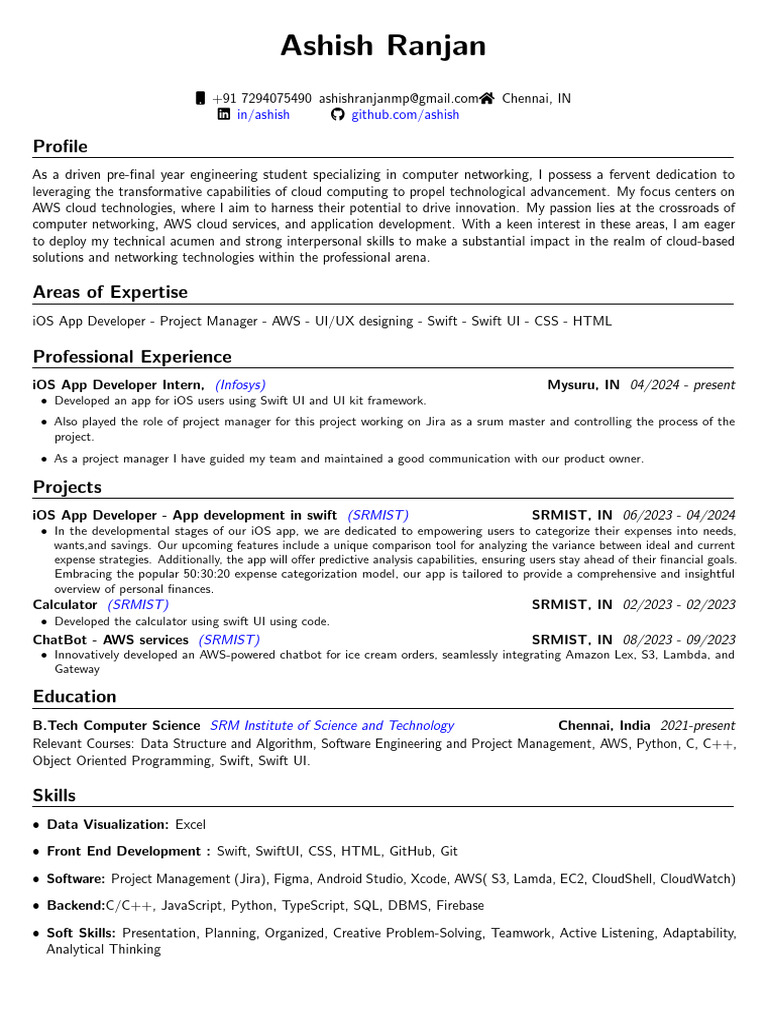Modern Simple ATS Friendly LateX CV | Download Free PDF | Cloud Computing | Mobile App