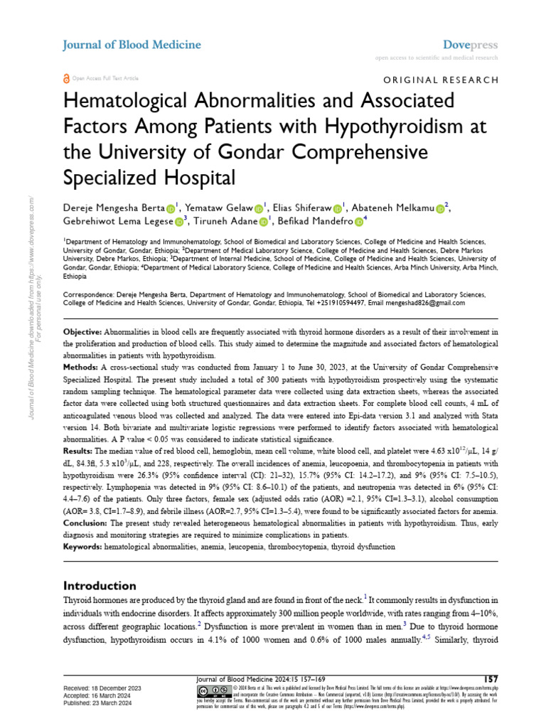 Hematological Issues in Hypothyroidism Patients | PDF | Anemia | Hematology