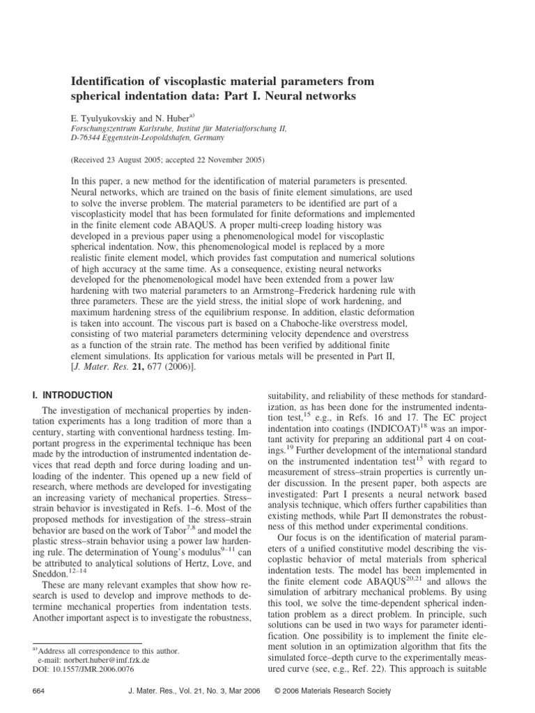 E Tyulyukovskiy and N Huber Identification of Viscoplastic Material Parameters From Spherical ...