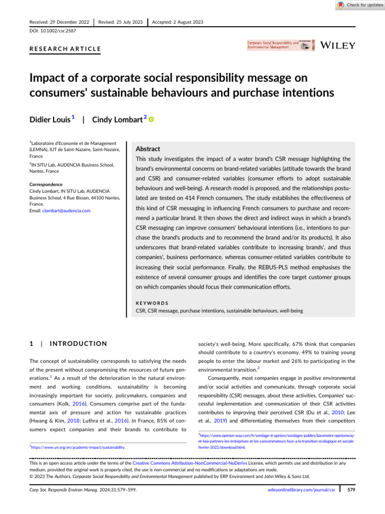 Corp Soc Responsibility Env - 2023 - Louis - Impact of A Corporate Social Responsibility Message ...