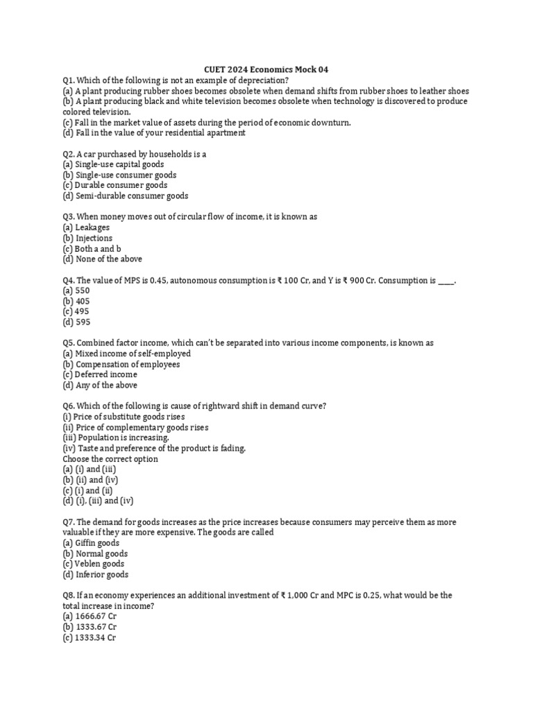 Economics Mock Test 4 | PDF | Credit | Finance & Money Management