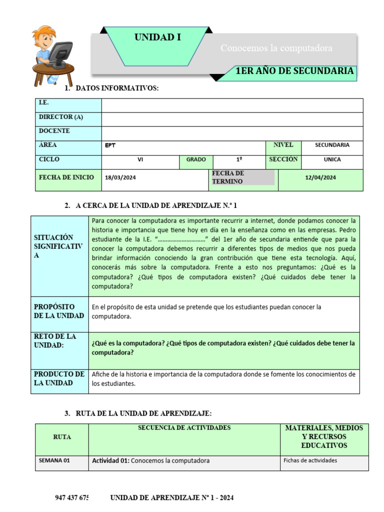 1º Unidad I Ept - 2024 | Descargar gratis PDF | Aprendizaje | Enseñando