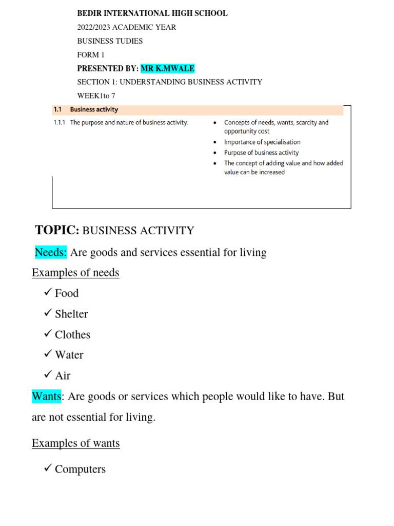 WEEK 1 To 7 - BUSINESS ACTIVITY | PDF | Labour Economics | Opportunity Cost