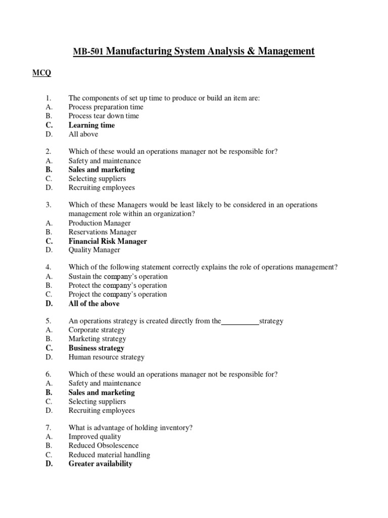 Question Set Manufacturing System Analysis & Management | Download Free ...