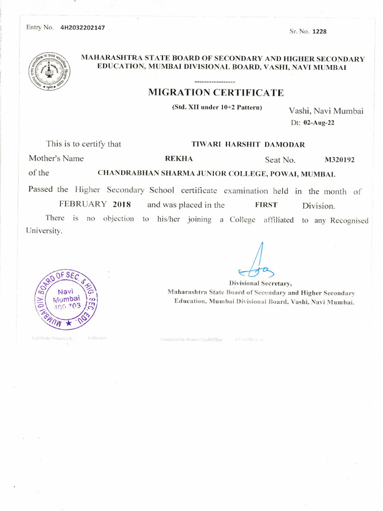 Maharashtra HSC Migration Certificate | PDF