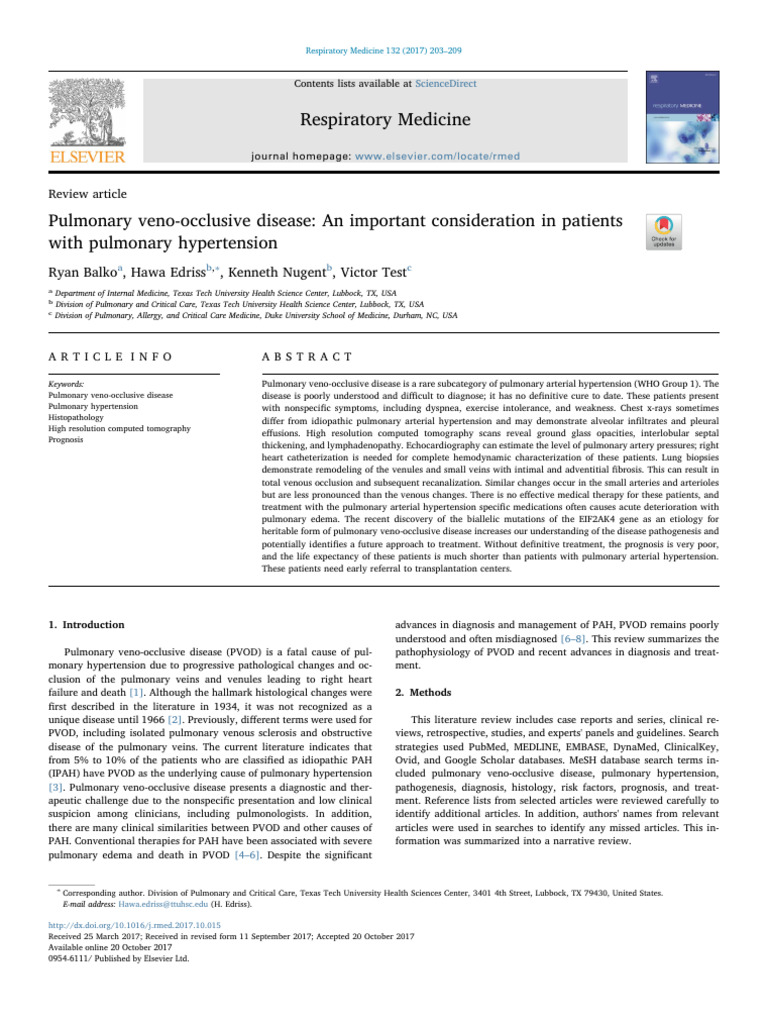Pulmonary Veno-Occlusive Disease Overview | PDF | Vein | Lung