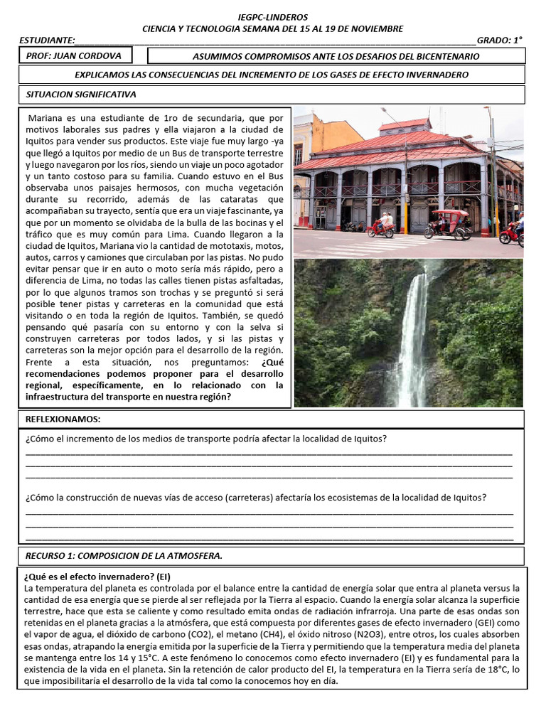Ficha C y T 1° Semana Del 15 Al 19 de Noviembre | Descargar gratis PDF | Gases de efecto ...