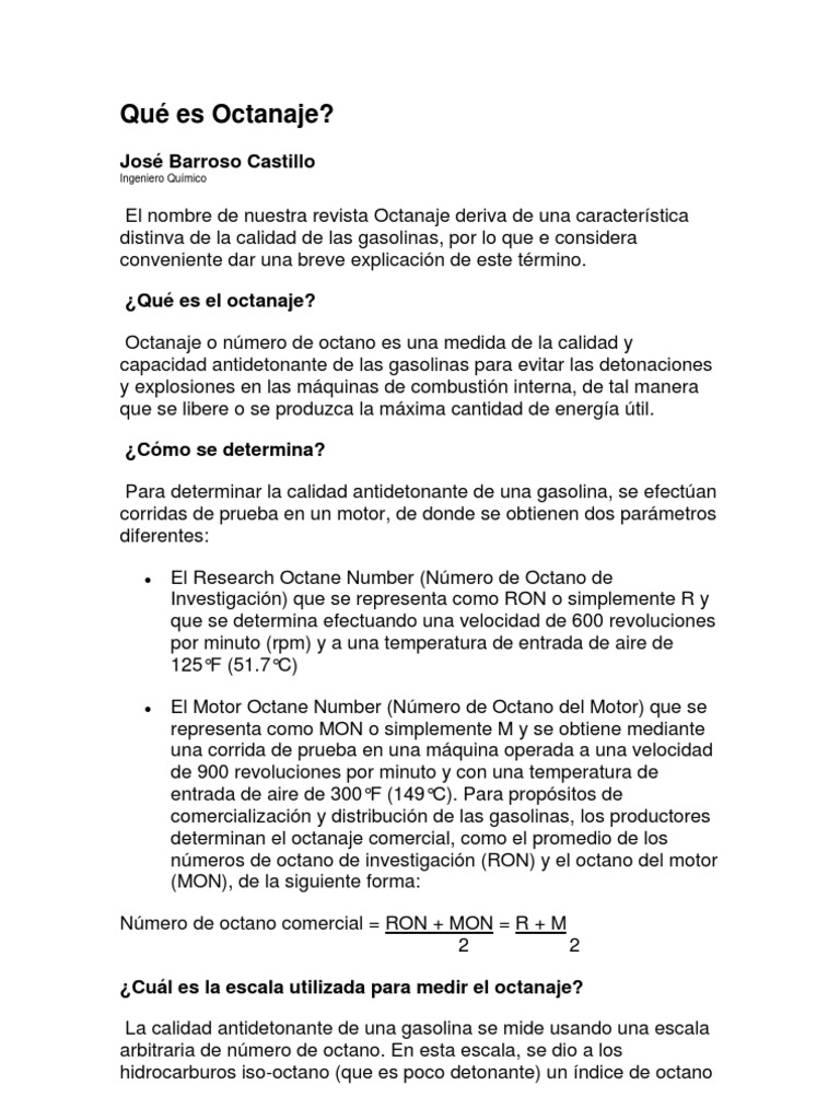 Definición y Uso del Octanaje en Gasolinas | PDF | Chiralidad (Química ...