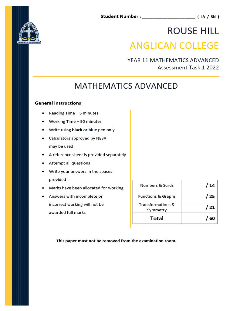 2022 Yr 11 Mathematics Advanced Assessment Task 1 | PDF | Function ...