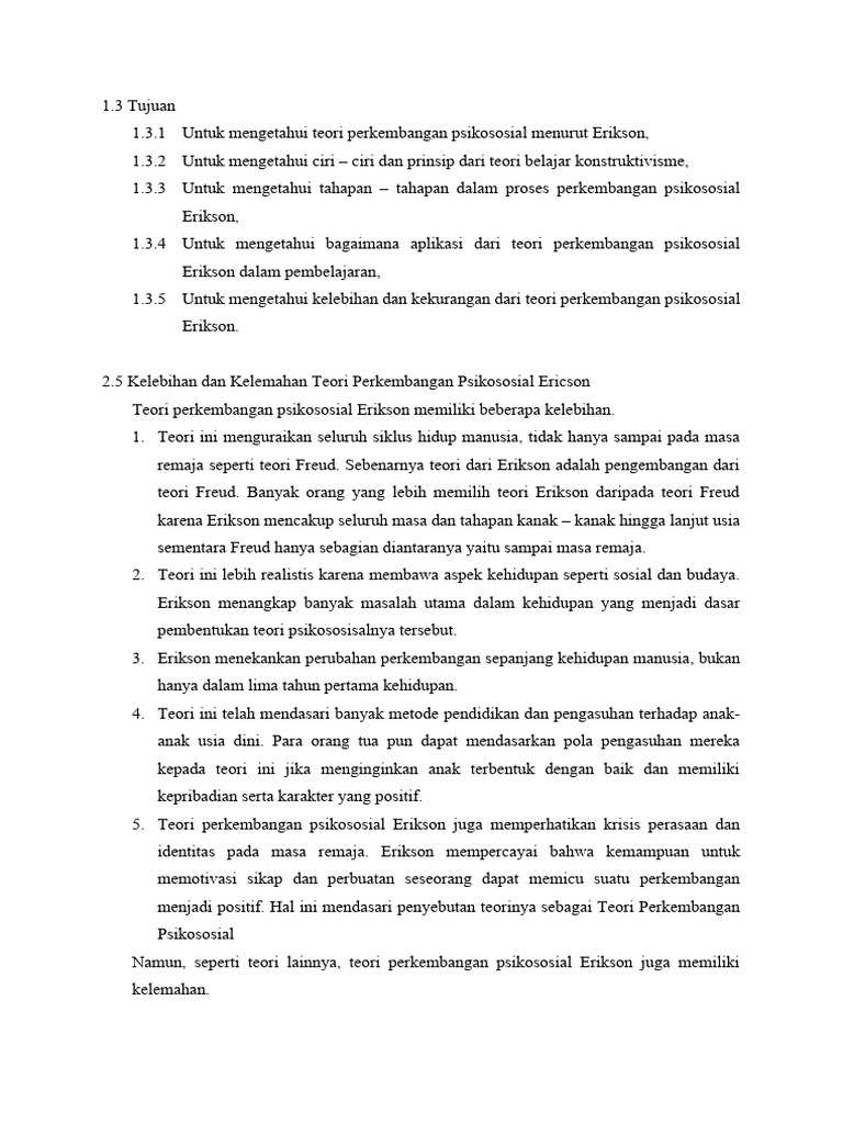 Tujuan, Kelebihan, Dan Kelemahan Teori PErkembangan Psikososial Erikson | PDF
