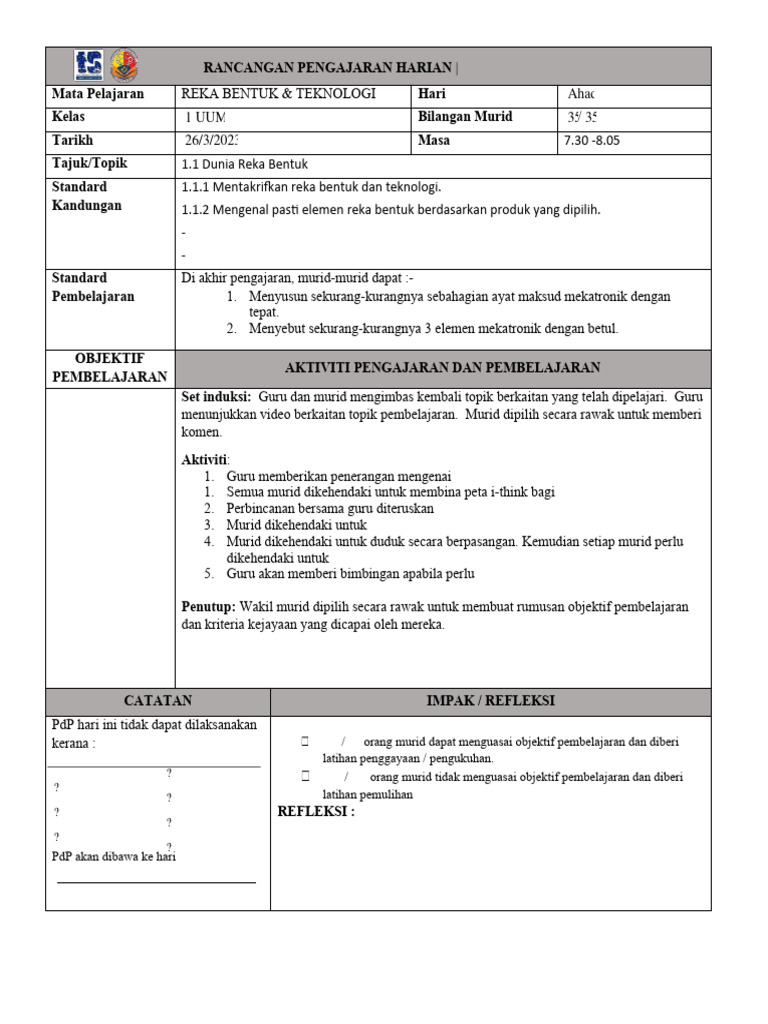 Template RPH RBT Ting 1 2024 | PDF