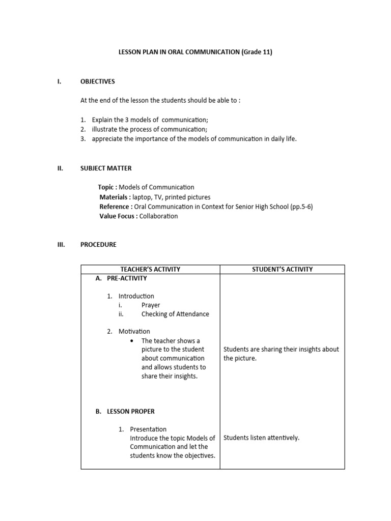 Lesson Plan in Oral Communication | PDF | Communication | Lesson Plan