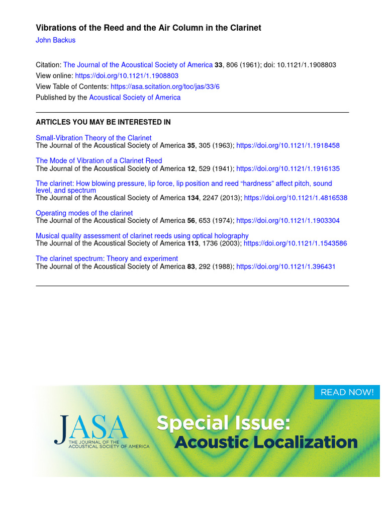 Backus - Vibrations of The Reed and The Air Column in The Clarinet ...