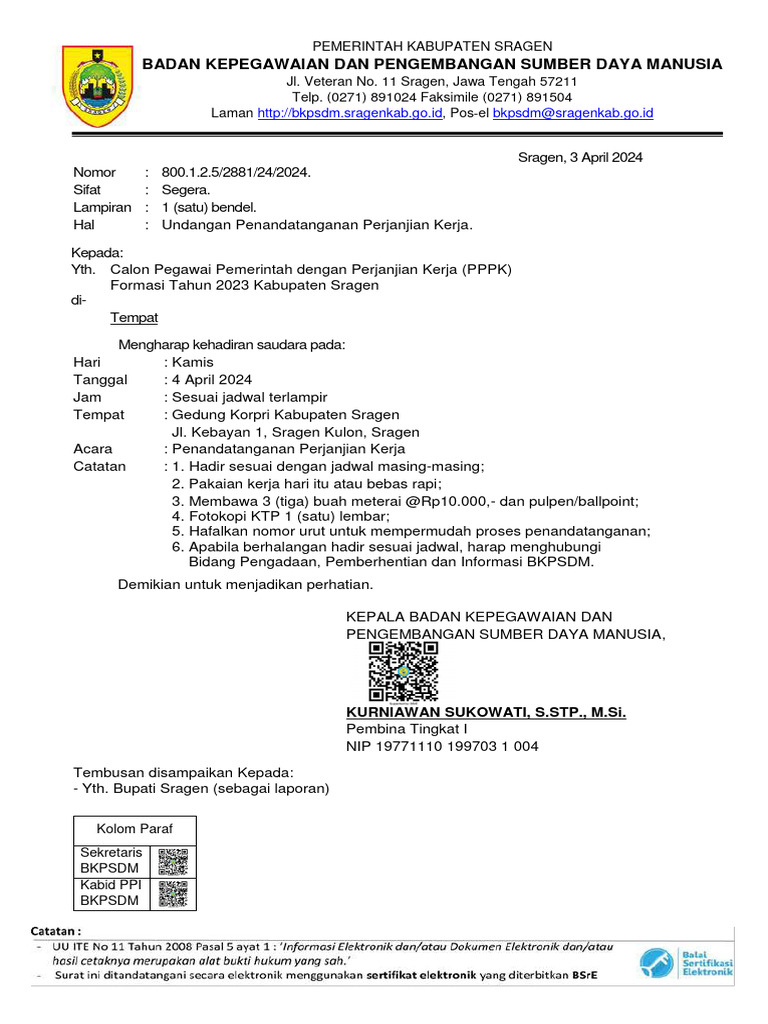 Undangan Penandatanganan PK CPPPK Formasi 2023 | PDF