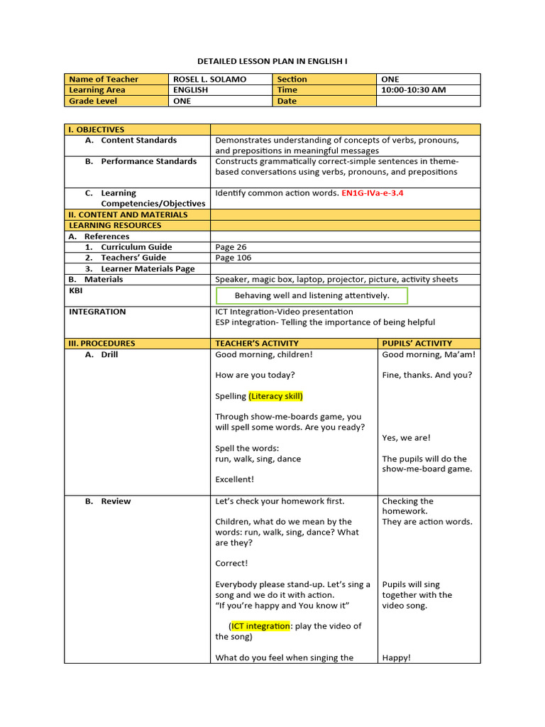 Detailed Lesson Plan in English I | PDF | English Language ...