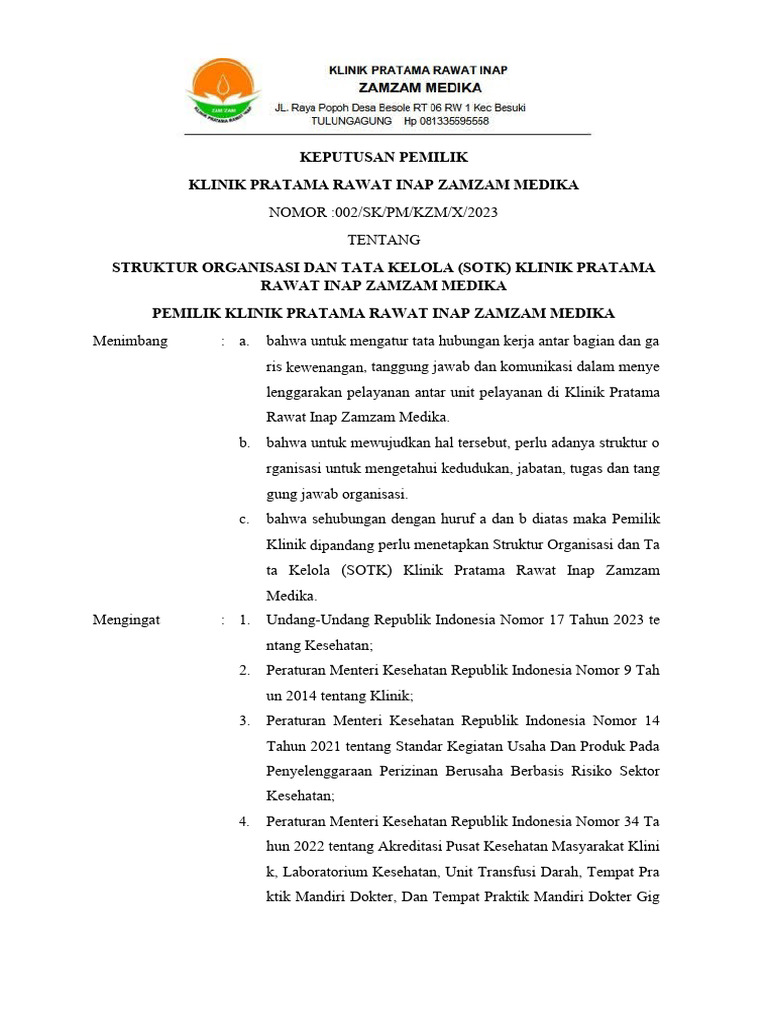 SK Struktur Organisasi Dan Tata Kelola Klinik + Uraian Tugas | PDF