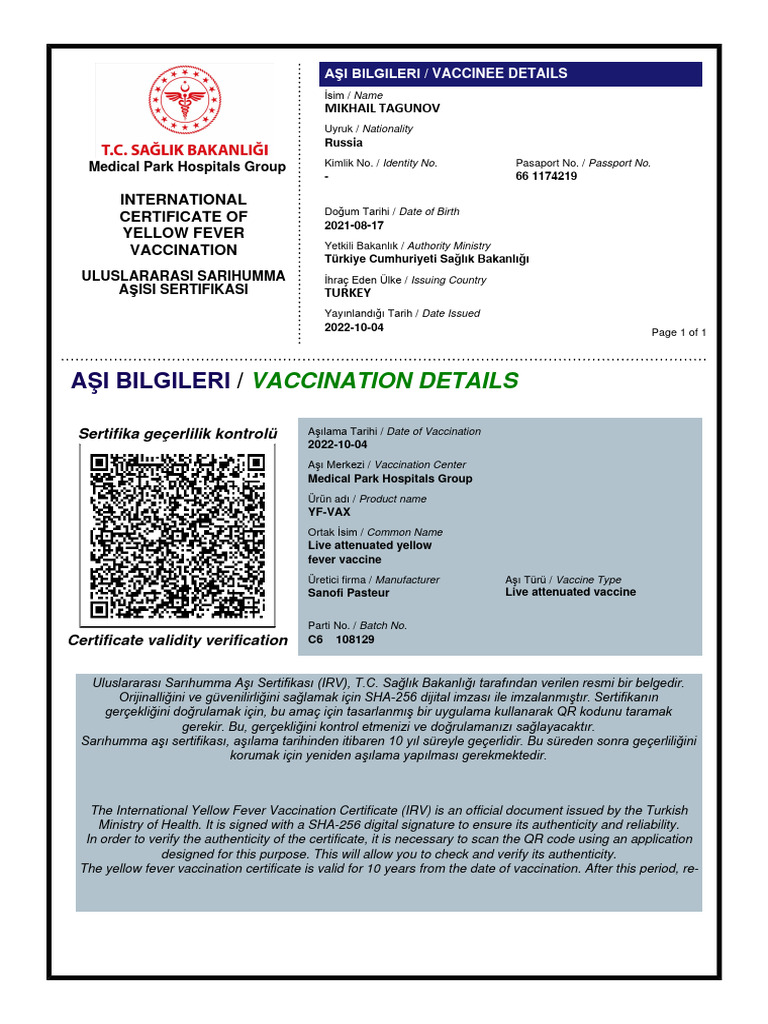 MIKHAIL TAGUNOV Yellow Fever Cert YF-VAX 2022-10-04 | PDF