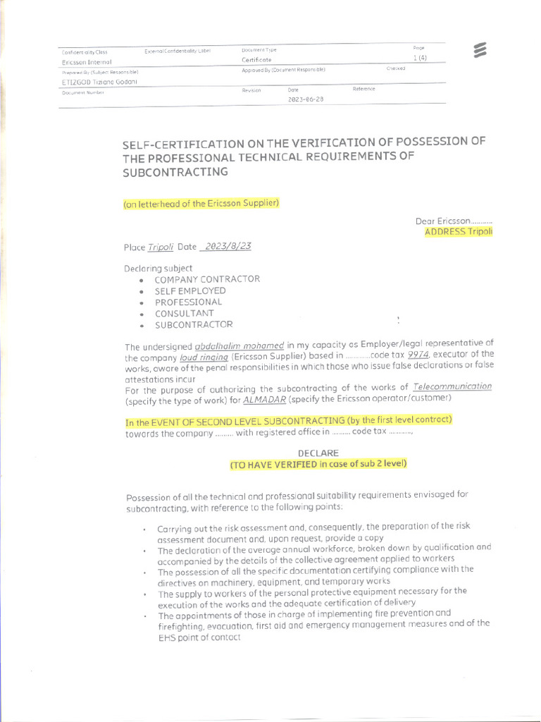 Self Declaration Subcontractors415 | PDF