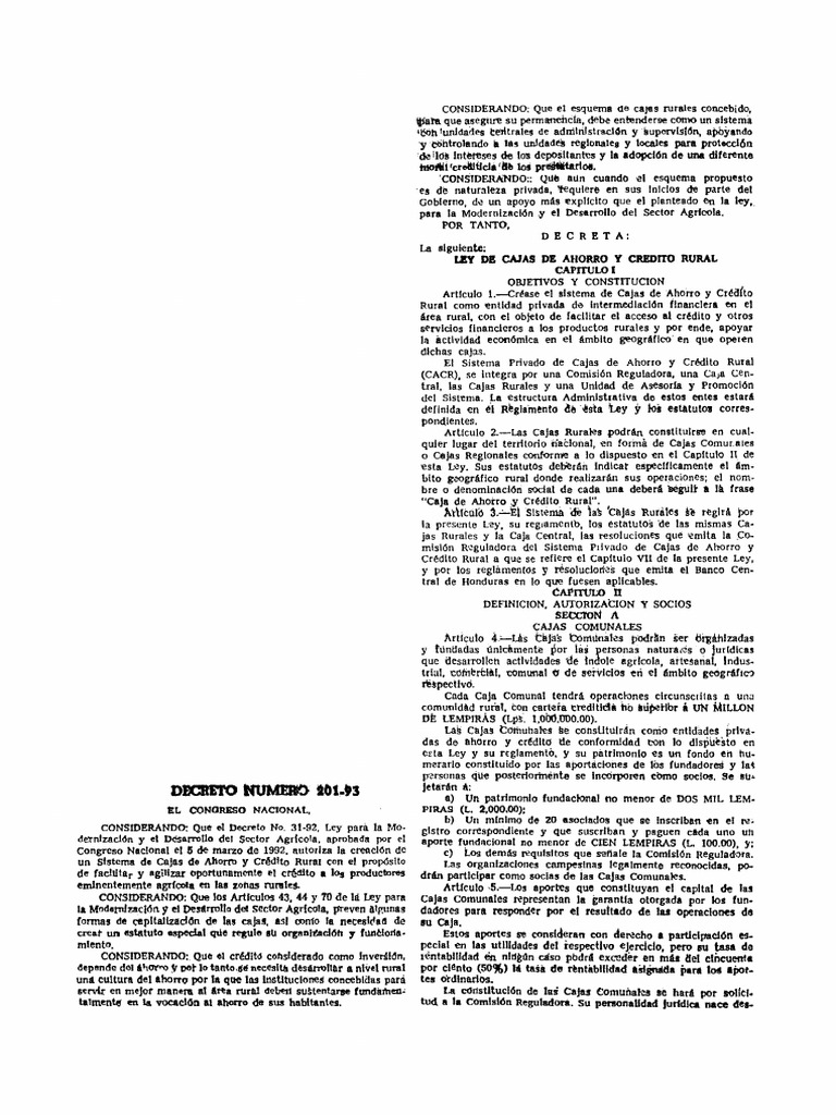 Ley de Cajas Rurales en Honduras | PDF