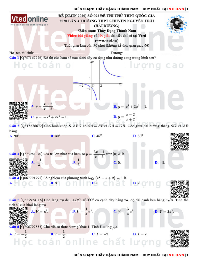 Đề (Xmin 2020) số 092 Đề thi thử THPT Quốc gia 2020 lần 3 trường THPT Chuyên Nguyễn Trãi (Hải ...