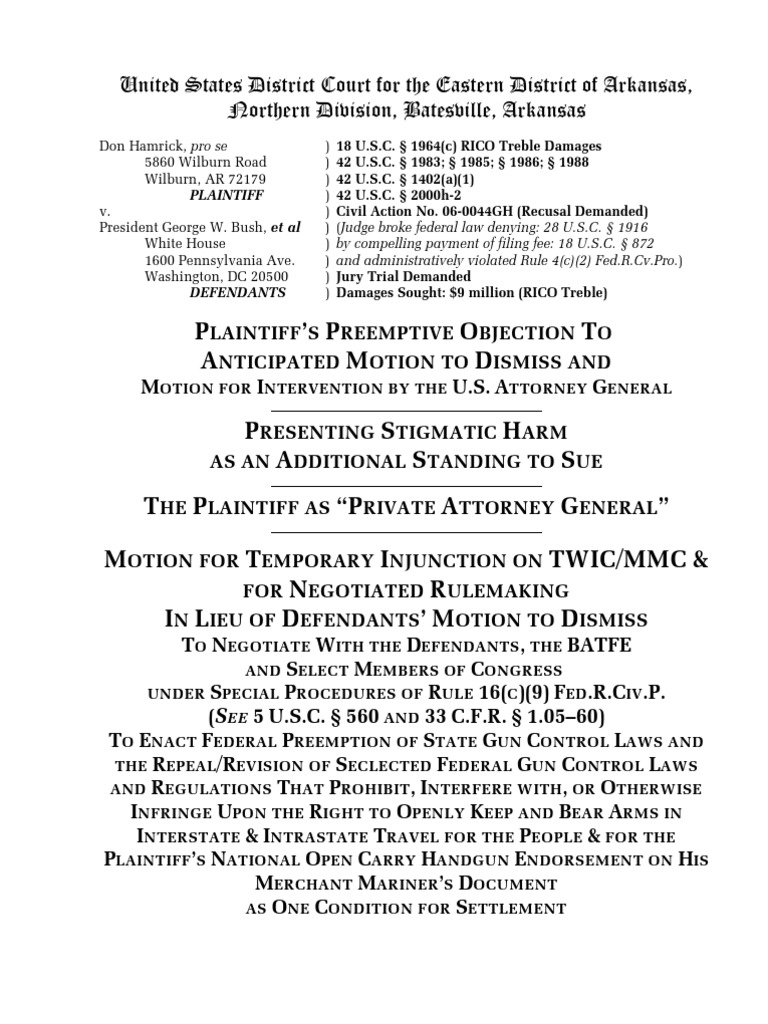 Plaintiff Preemptive Objection Anticipated Motion To Dismiss | PDF | Standing (Law) | Fourteenth ...