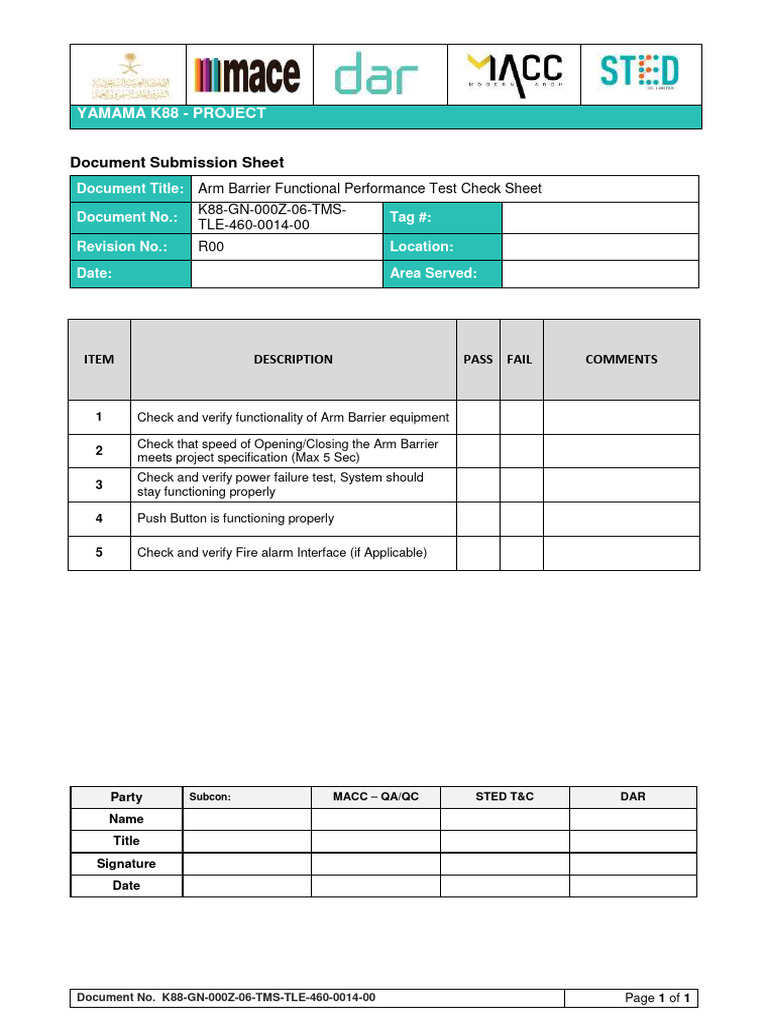 T&C -2 Arm Barrier Functional Performance Test Check Sheet | PDF