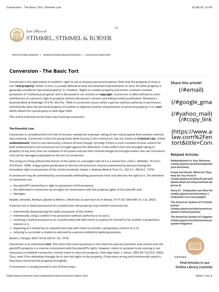 Conversion - The Basic Tort - Stimmel Law | PDF | Conversion (Law ...