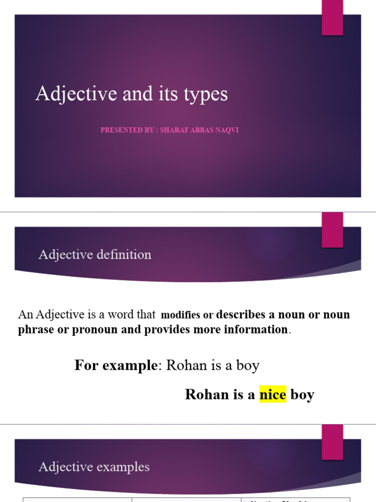 Types and Examples of Adjectives | PDF | Adjective | Noun