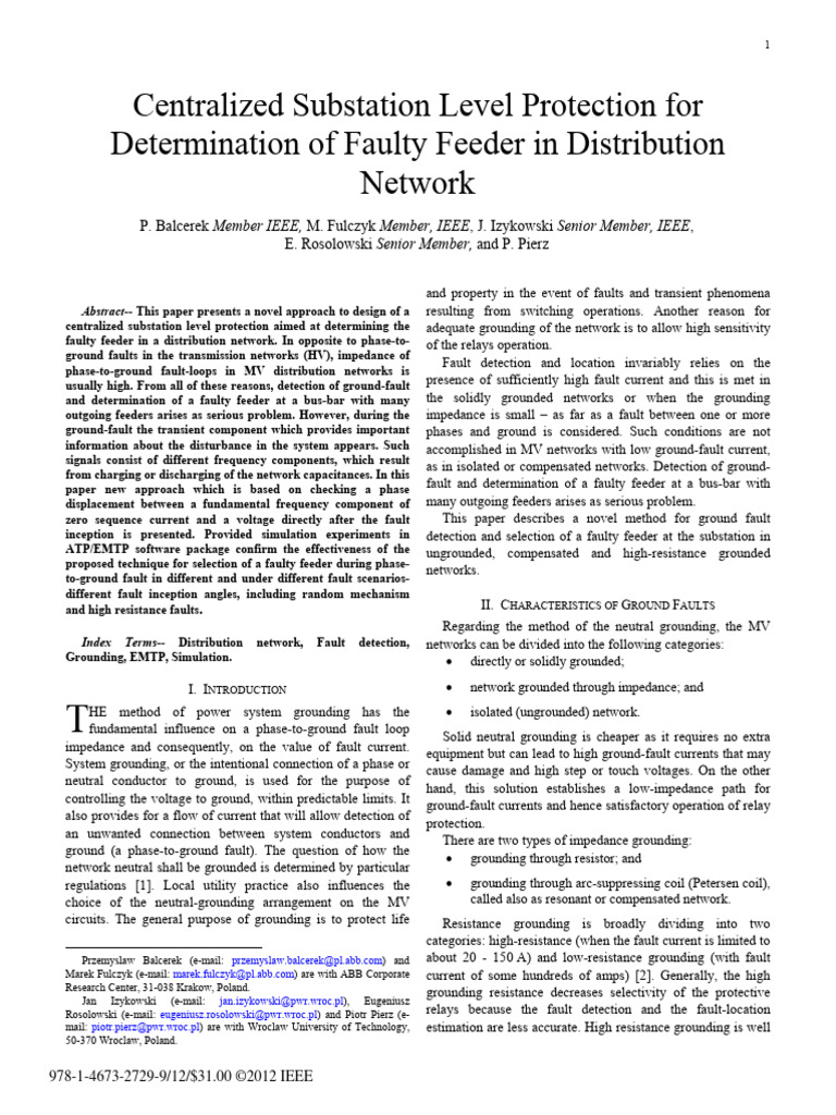 Centralized Substation Level Protection For Determination Of Faulty Feeder In Distribution