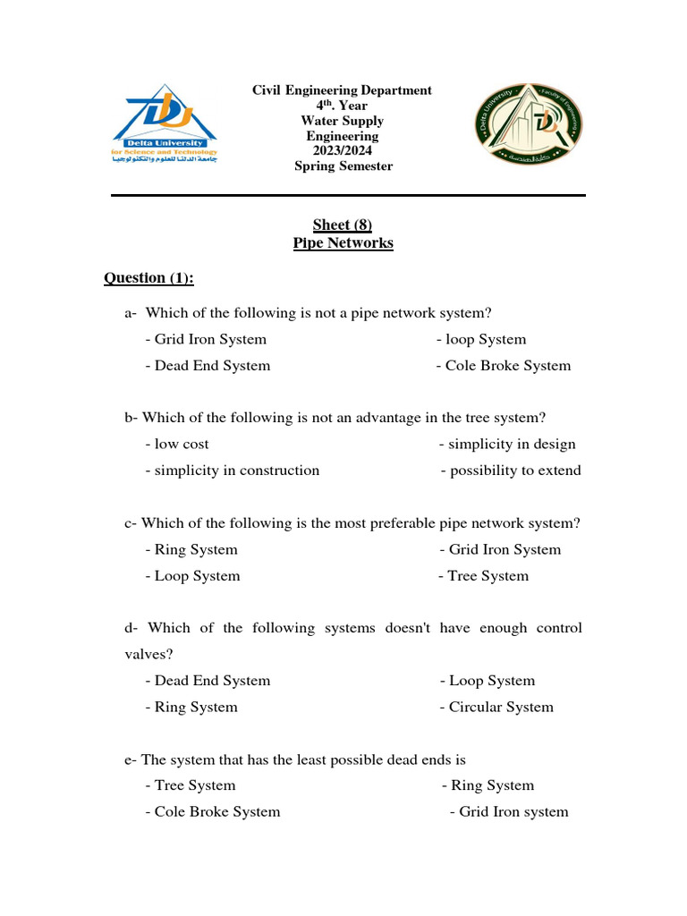 Water Supply Eng Sheet 8 Dr. Ehab Spring 2023 2024 PDF | PDF