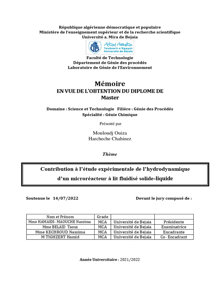 Mémoire Final | PDF | Réacteur (chimie) | Mécanique des fluides