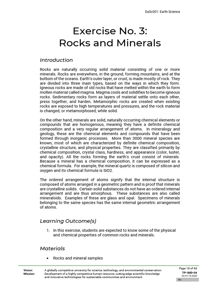 Laboratory Exercise 3 - Rocks and Minerals | PDF | Rock (Geology ...