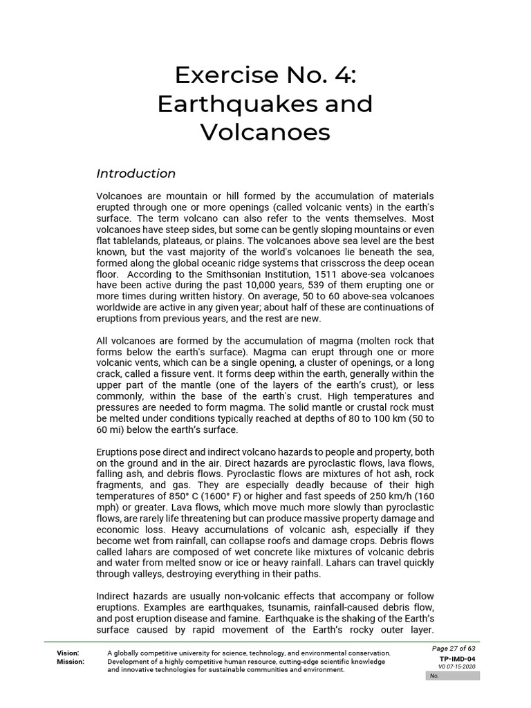 Laboratory Exercise 4 - Earthquakes and Volcanoes | PDF | Volcano | Magma
