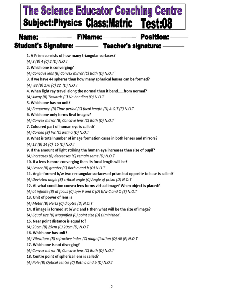4th Chapter Test Pdf Eye Optics