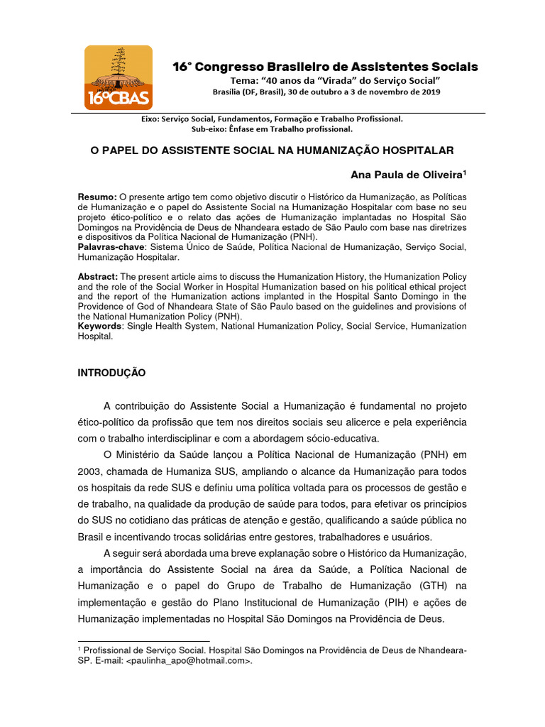Assistente Social e Humanização Hospitalar | PDF | Trabalho social ...