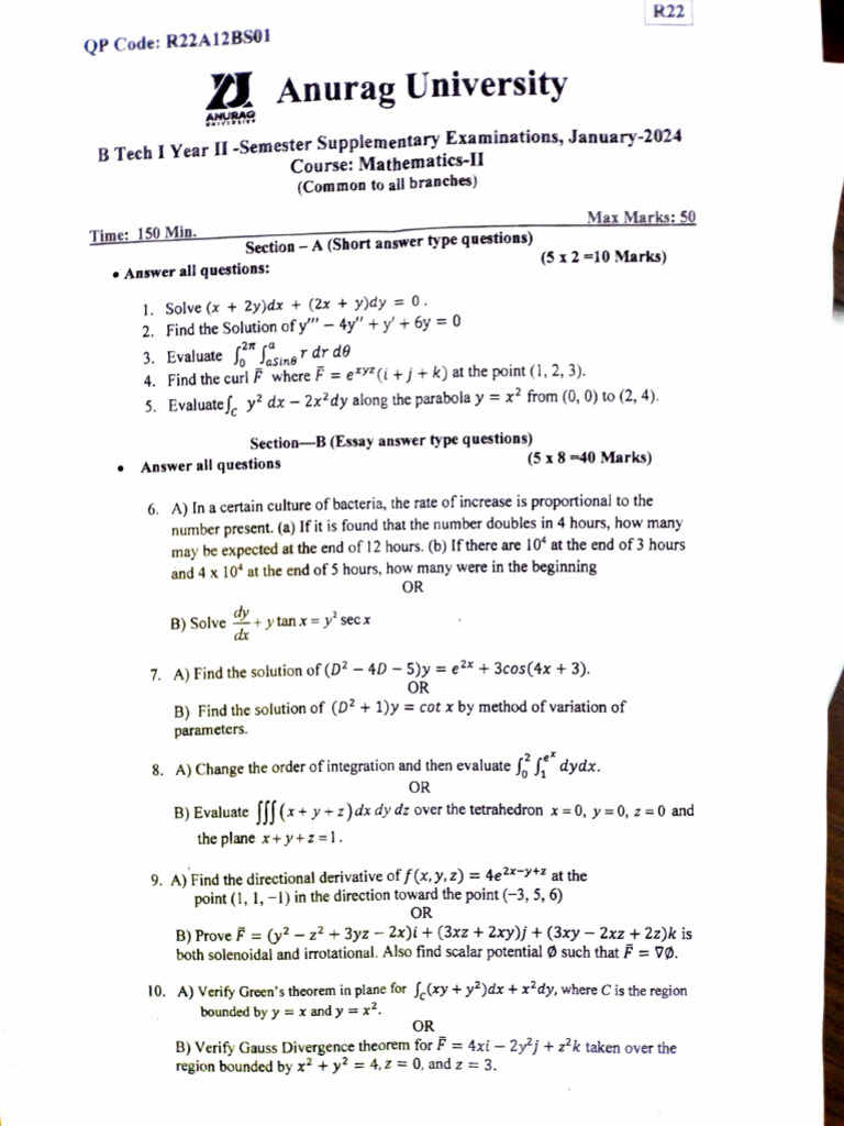 M-II Previous Papers | PDF | Divergence | Integral