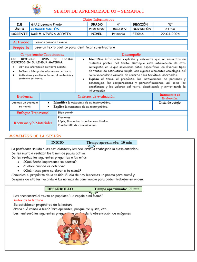 Lectura de Poemas para Mamá en 4°E | PDF | Evaluación | Ciencias del ...