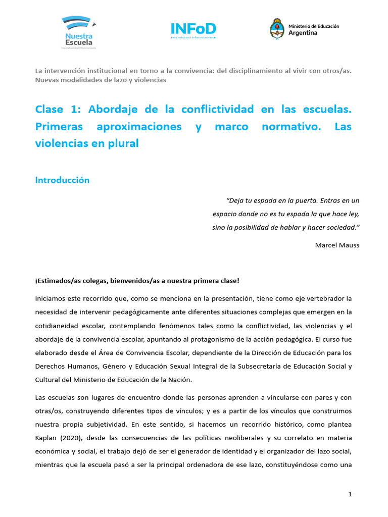 Clase 1 - Abordaje de La Conflictividad en Las Escuelas. | PDF | Violencia | Escuelas