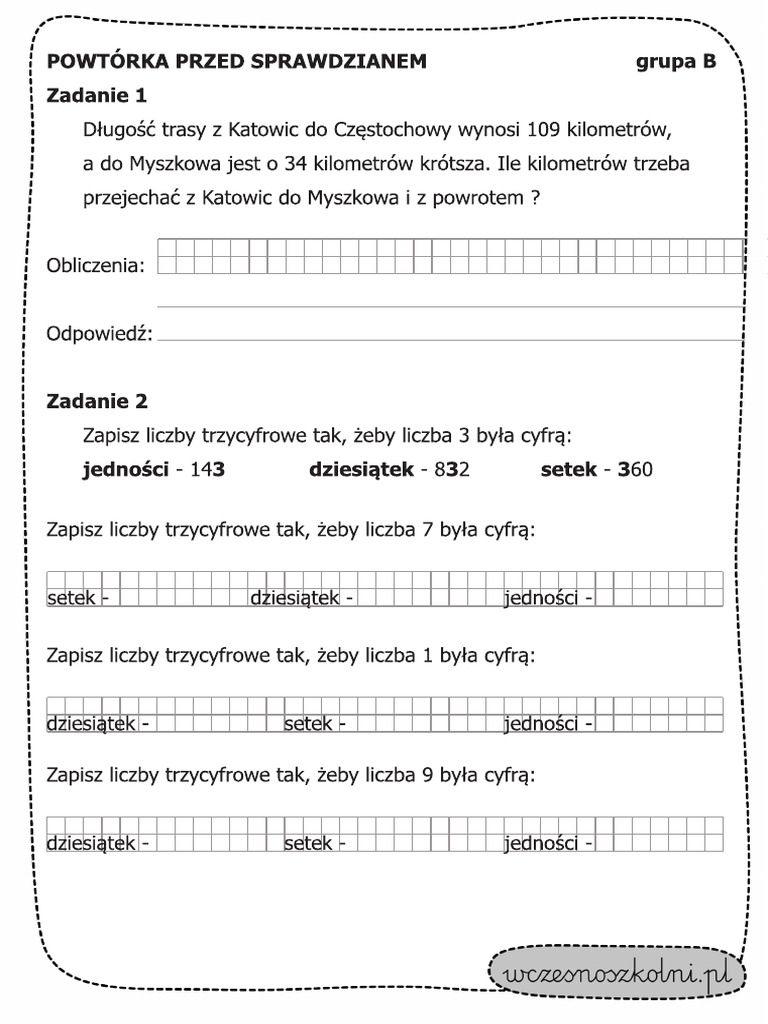 Sprawdzian Dodawanie I Odejmowanie Liczb W Zakresie 1000 Rozwiazywanie ...