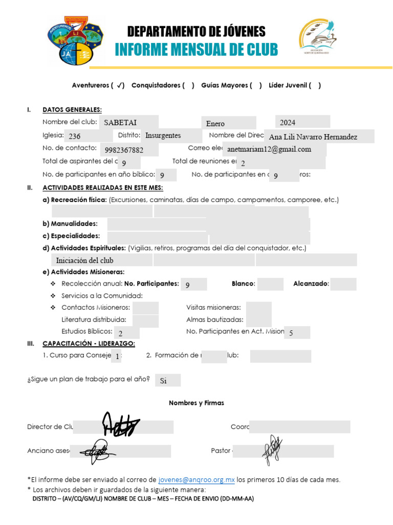 Informe Mensual de Club Juvenil | PDF