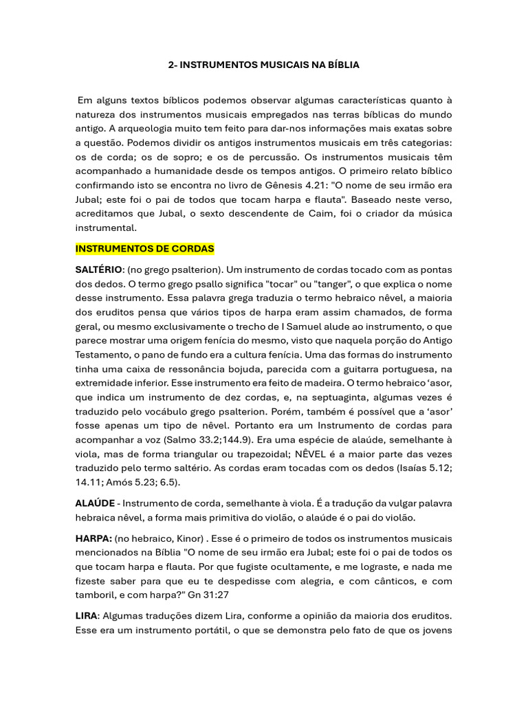 Instrumentos Musicais Na Bíblia | PDF | Bíblia | Instrumentos de corda