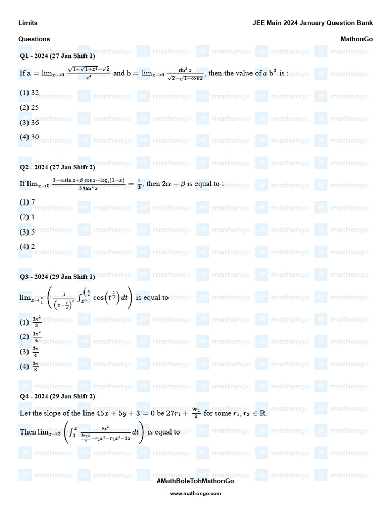 Limits - JEE Main 2024 January Question Bank - MathonGo | PDF | Discrete Mathematics | Algebra
