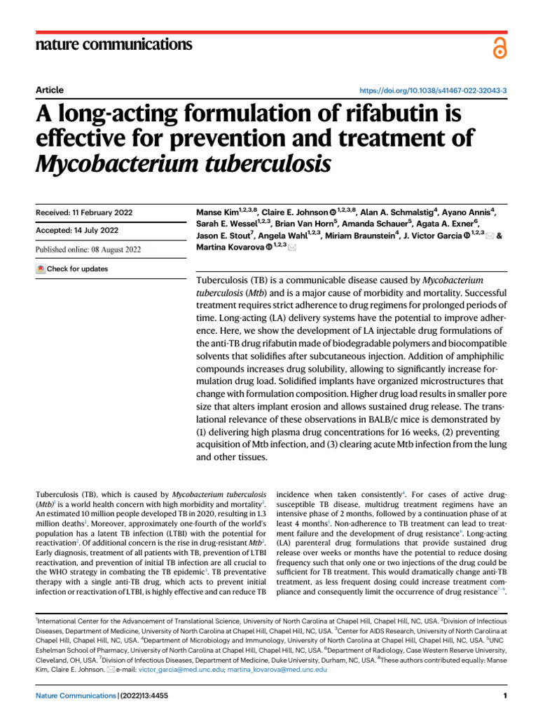 A Long-Acting Formulation of Rifabutin Is Effective For Prevention and ...